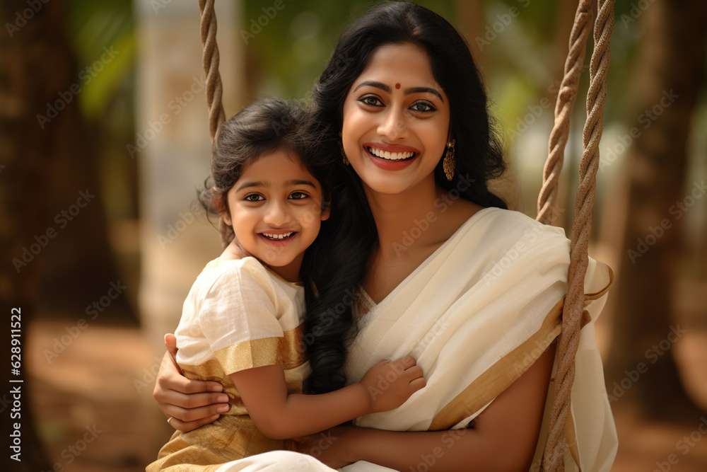 Traditionally dressed happy Indian ethnic mother and daughter sitting ...