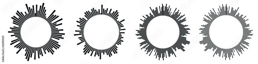 Audio waves for music sounds, equalizer graphics, round circle logos ...