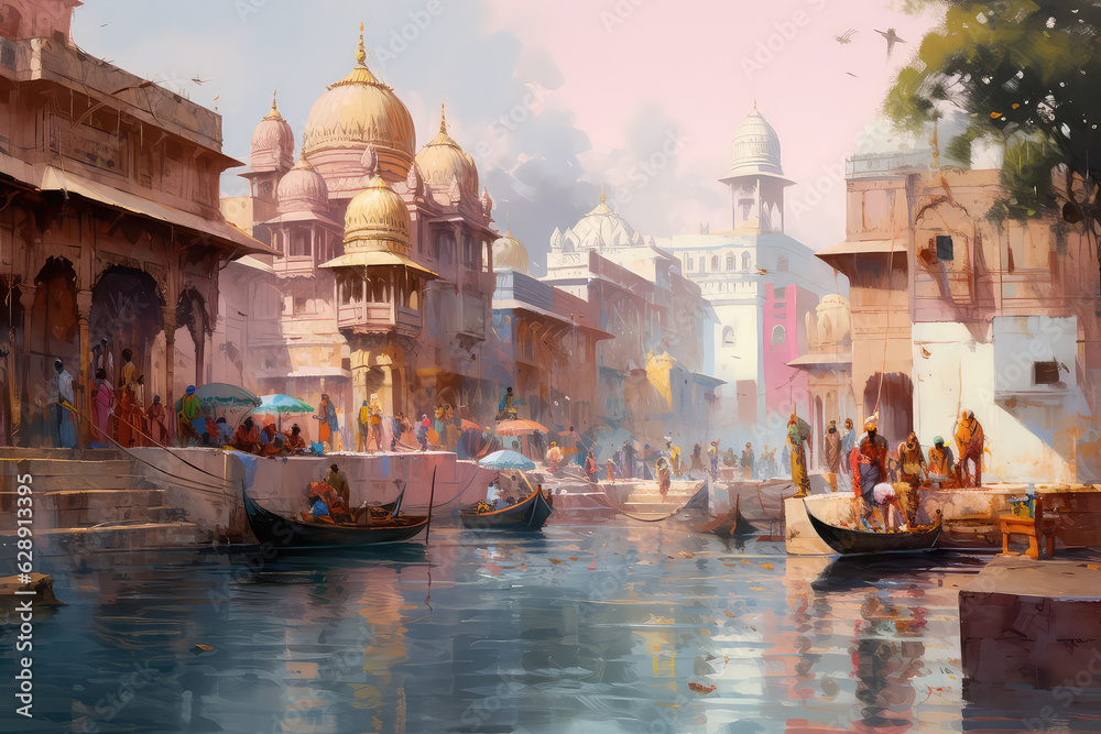 oil painting on canvas, Ancient Varanasi city architecture at sunset ...