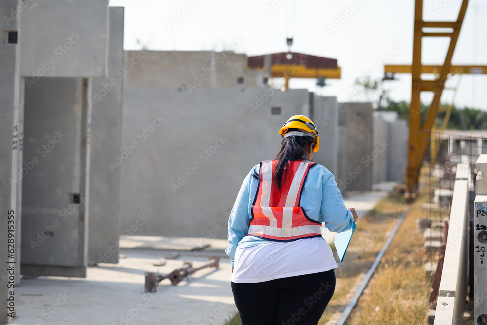 Back view Portrait African american woman. Plus size female factory ...