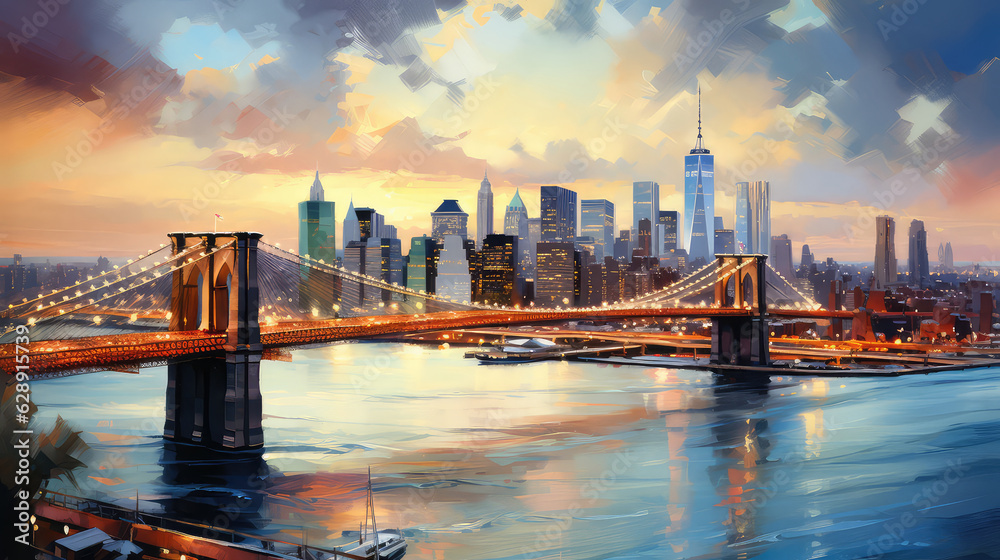 oil painting on canvas, New York City - beautiful sunset over manhattan ...