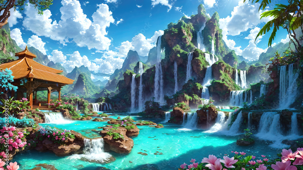 Paradise landscape with beautiful gardens, waterfalls and flowers ...