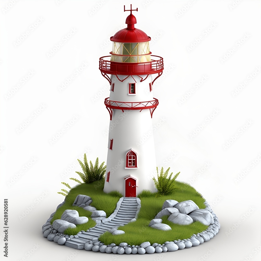 cartoon fantastic lighthouse 3D with light from the windows on a white ...