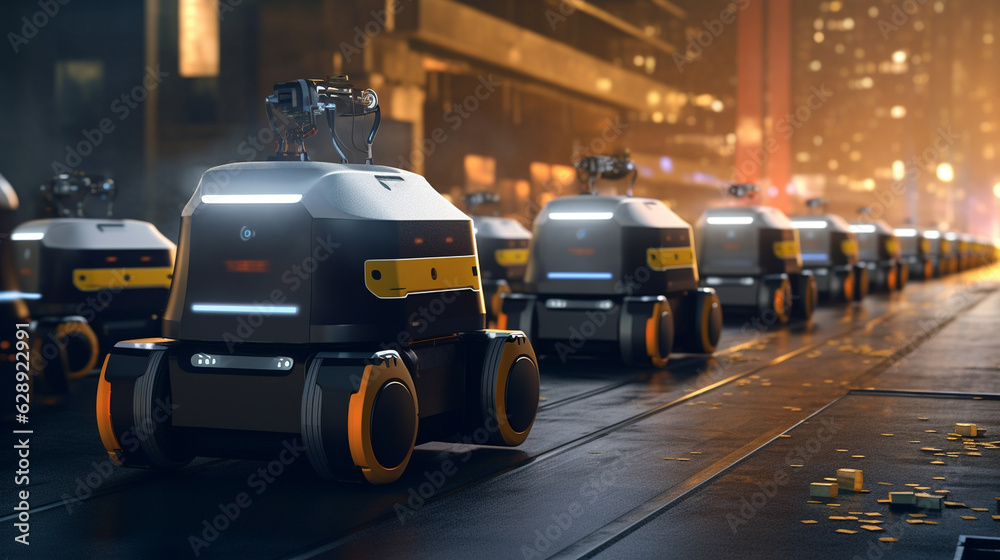 Create an autonomous cargo delivery robot depot, with a swarm of robots ...