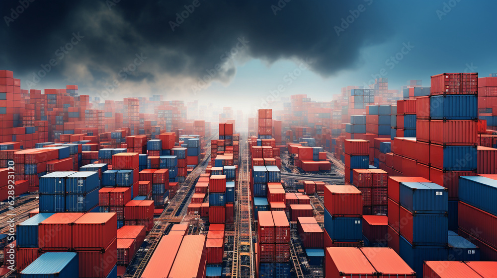 Design a massive cargo shipping container yard with rows upon rows of ...