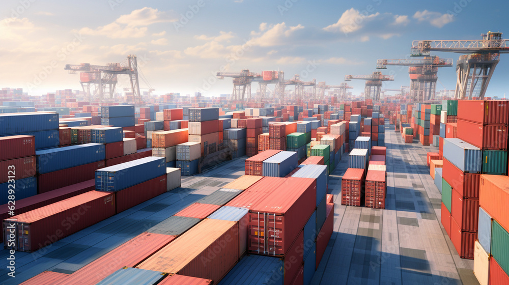 Design a massive cargo shipping container yard with rows upon rows of ...