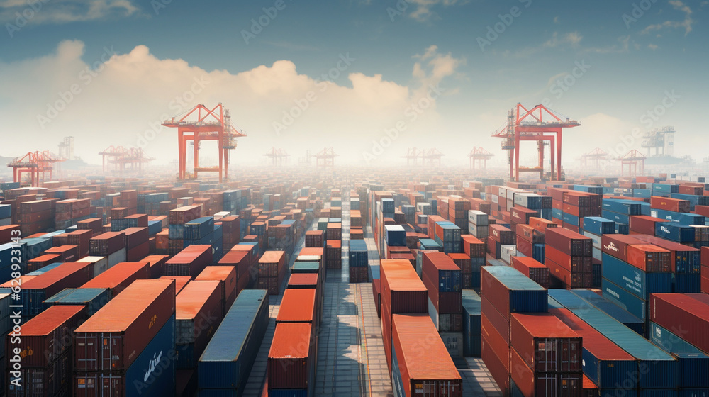 Design a massive cargo shipping container yard with rows upon rows of ...