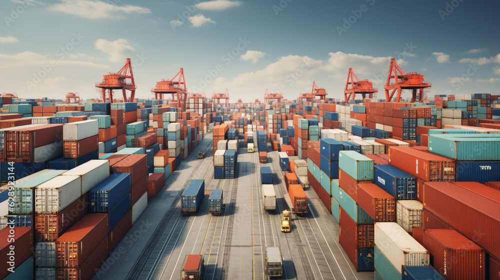 Design a massive cargo shipping container yard with rows upon rows of ...