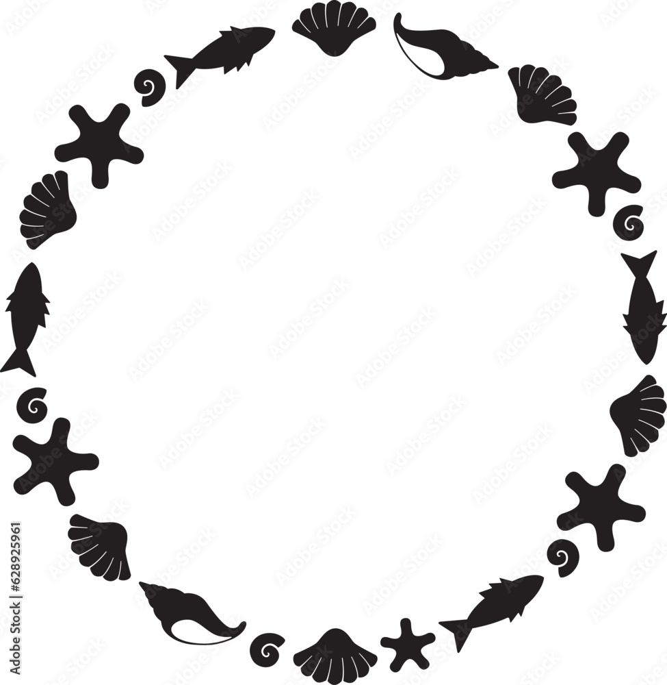 Marine silhouette round frame made of fish, shells and other underwater ...