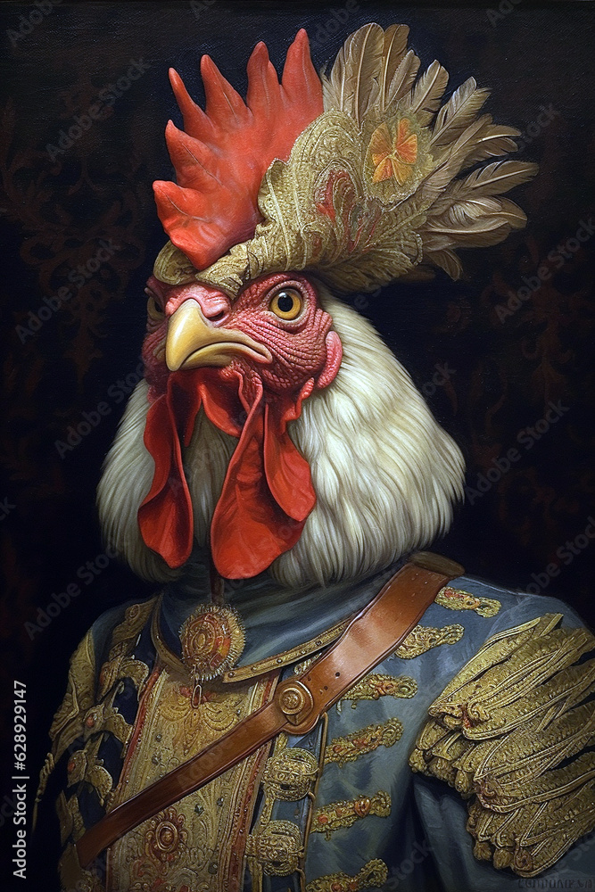 Simulation of a classic oil painting of a rooster wearing military ...
