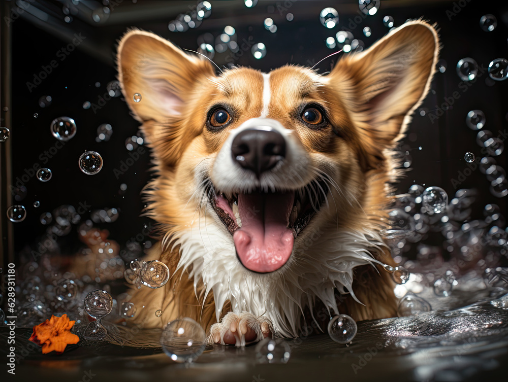 Capture the amusing moment of a Welsh Corgi Pembroke dog showering with ...