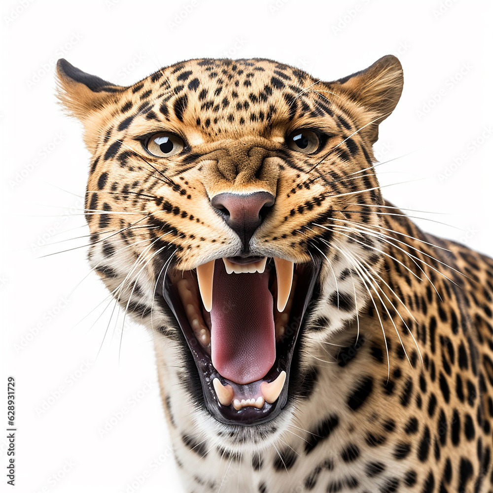 Predatory angry scary spotted leopard Panthera pardus growls and bares ...
