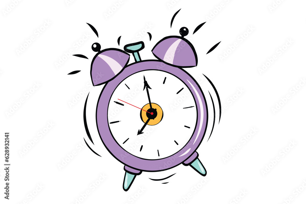 Hand Drawn Cartoon Style Alarm Clock. Vector Purple Alarm Clock ...