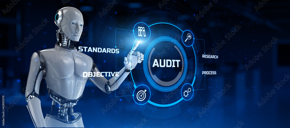 Audit Robotic process automation RPA concept. Robot pressing button on screen 3d render. Stock ...