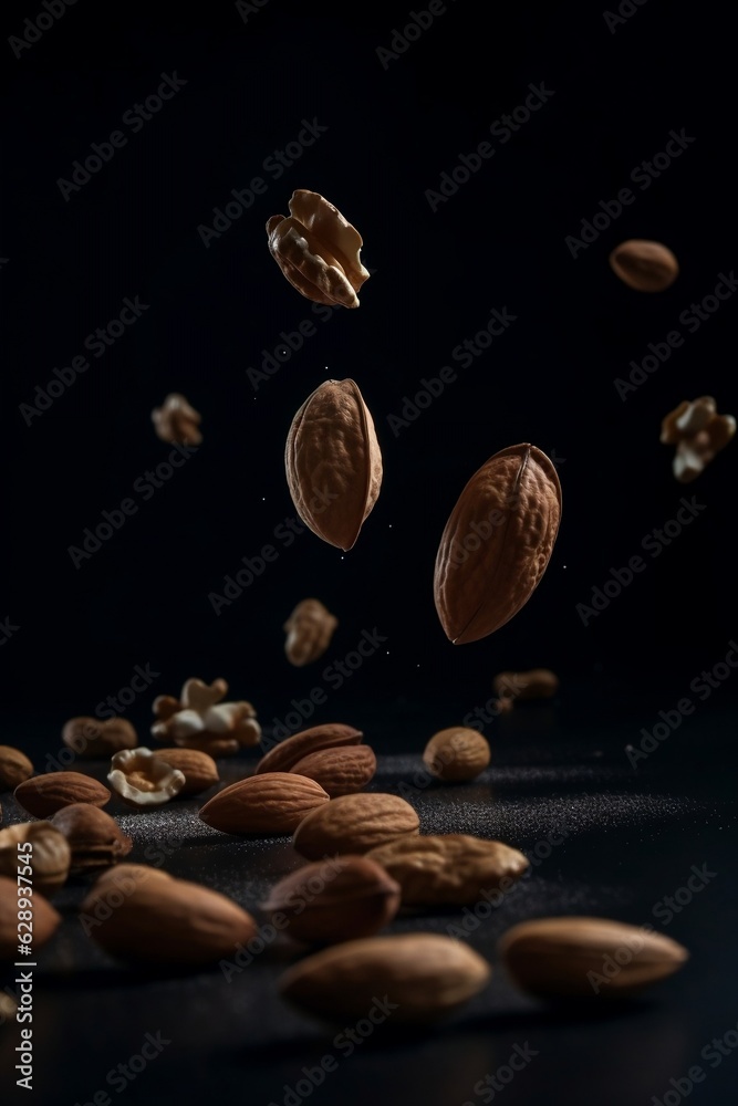 Delicious nuts floating in the air, brown nut seeds exploding beautiful ...