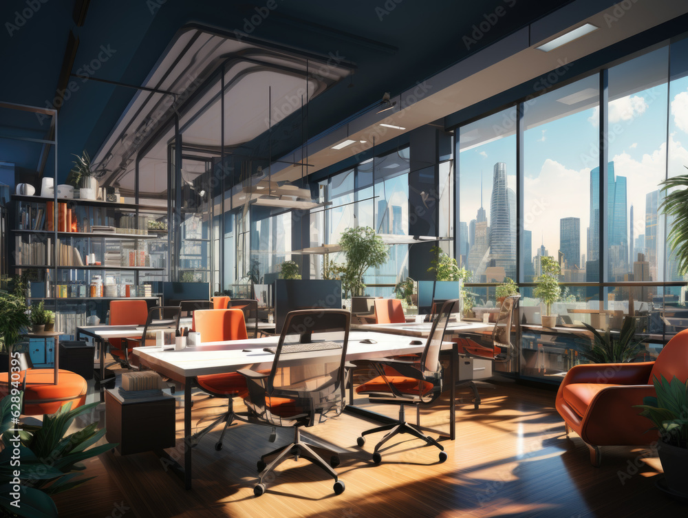 Horizontal furniture in a modern coworking area office interior with ...