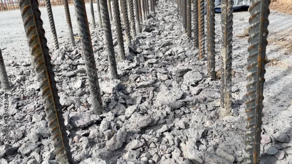 Chipping concrete surface. Rebar for concrete pouring. Steel ...