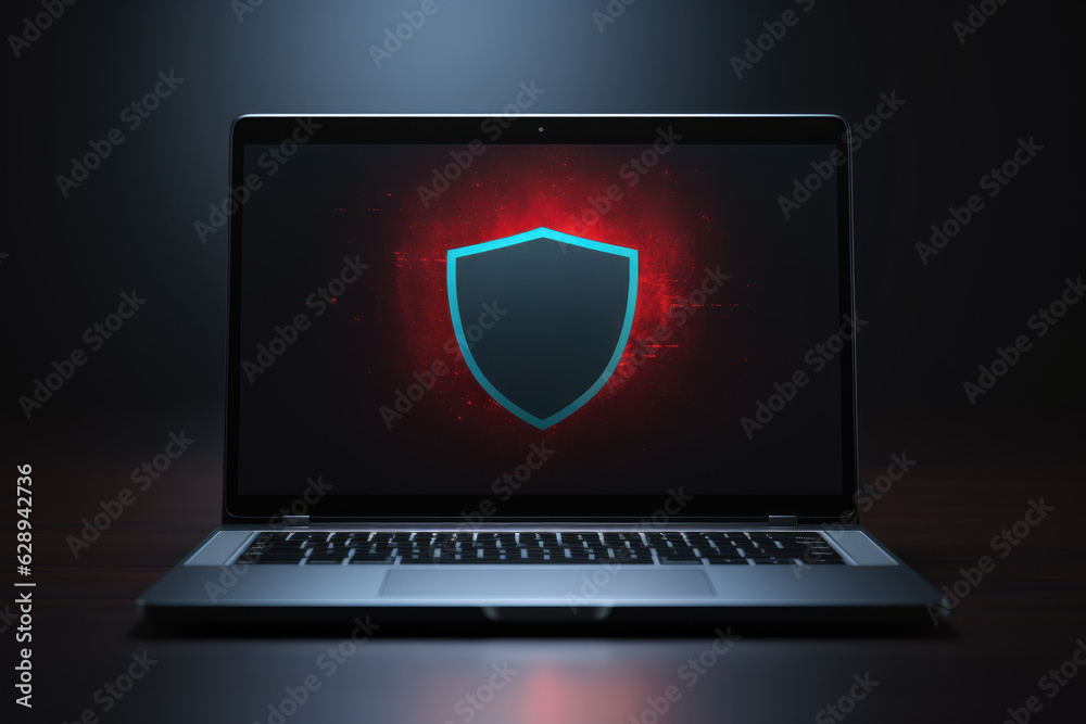 shield defence icon on laptop display, security threat alert concept design, dark black ...