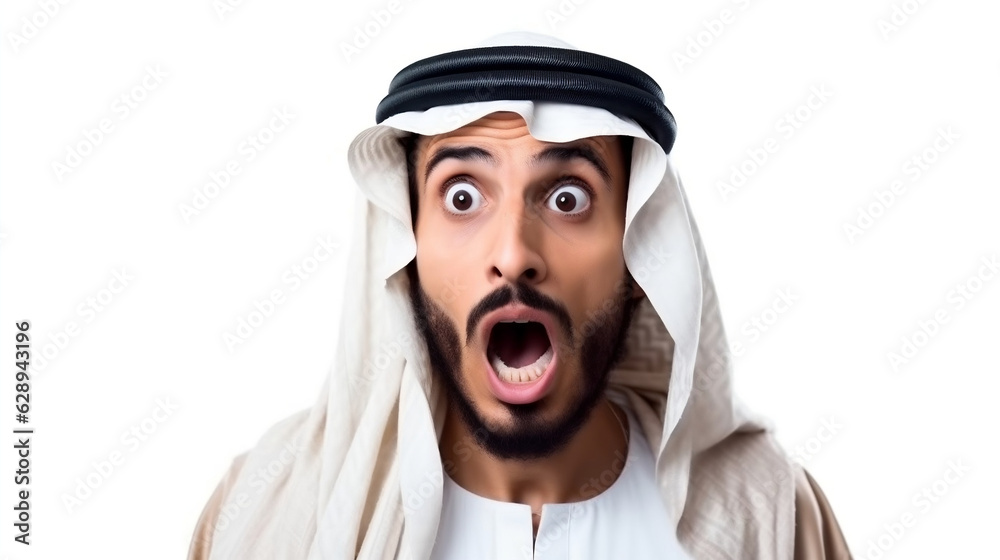 Surprised Arab middle eastern Saudi man in traditional. Excited fun man ...