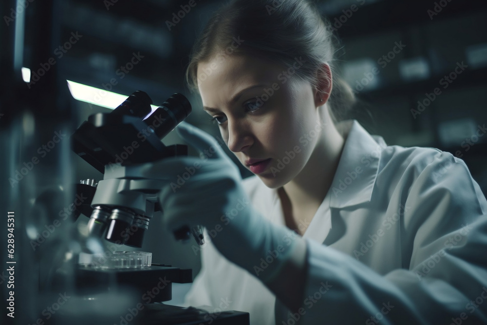 White female scientist looking through a microscope while working in a ...