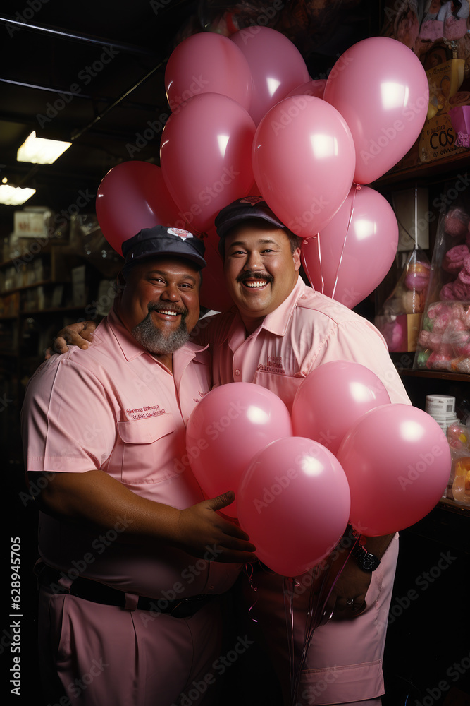 LGBTQ Two smiling low waisted security guards with mustaches, hugging ...