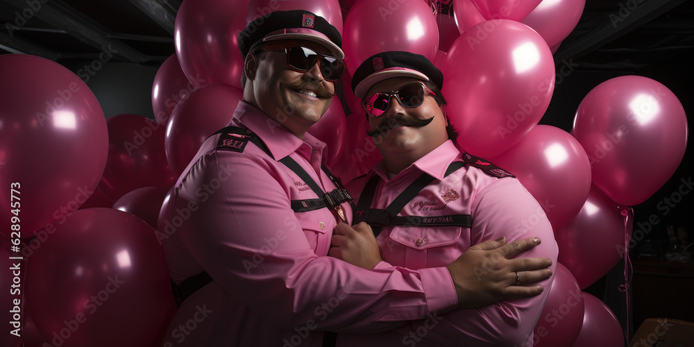 LGBTQ Two smiling low waisted security guards with mustaches, hugging ...