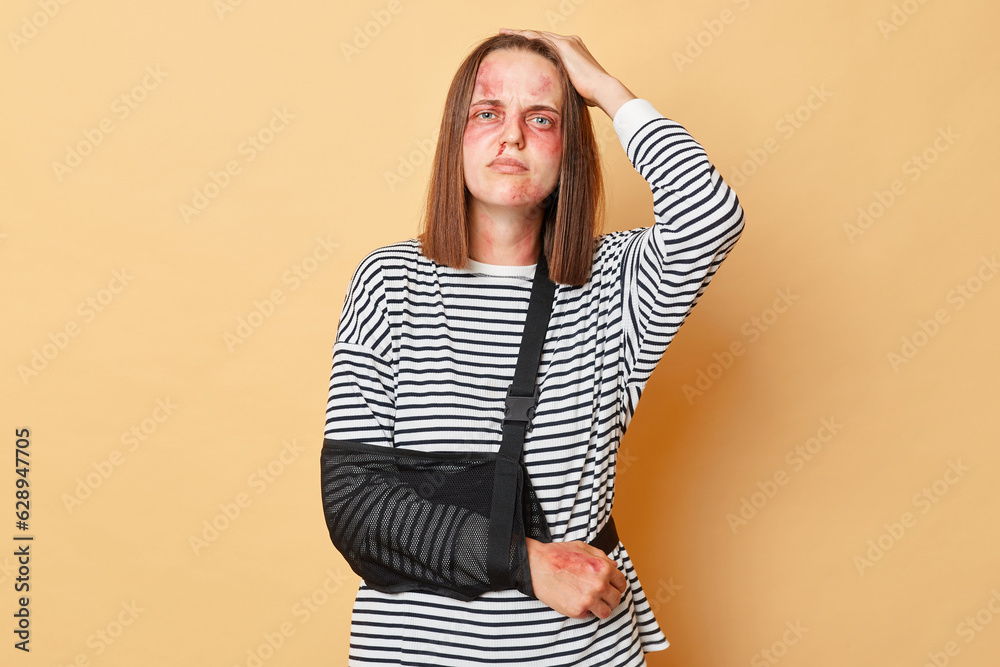 Despair traumatized woman with bandage has problems with health, has ...