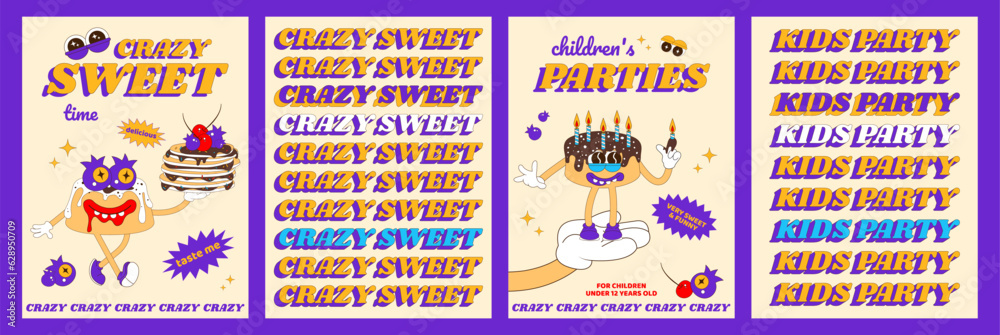 Trendy psychedelic posters with funny sweets characters. Cheerful ...
