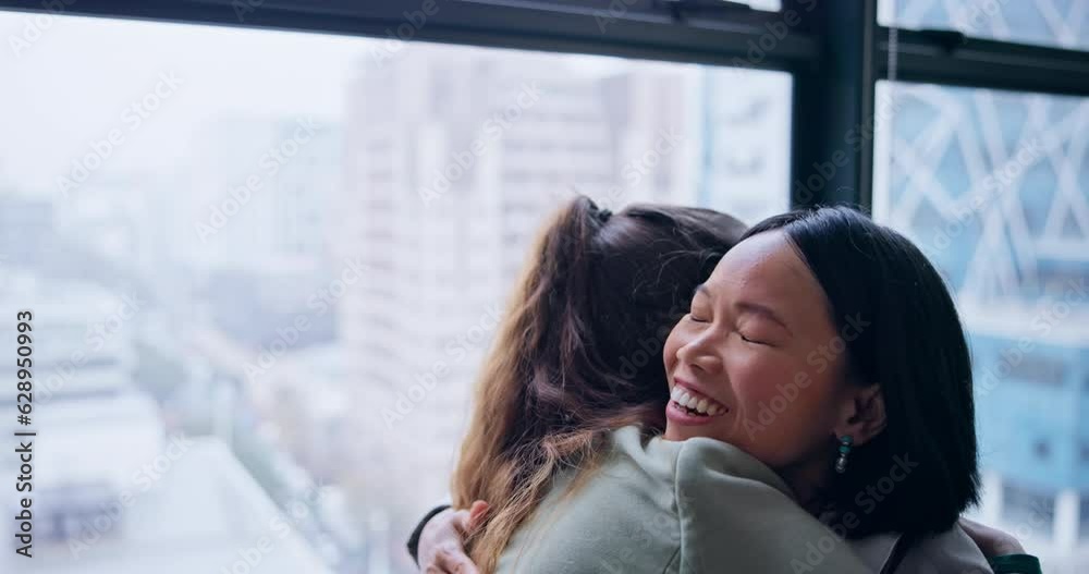 Hug, happy and women employees greeting in an office as work friends ...