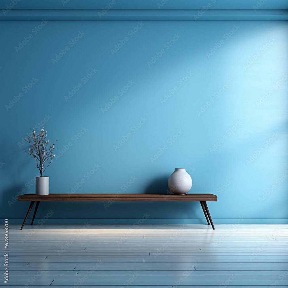 light blue walll with interior and built-in lighting, smooth floor ...
