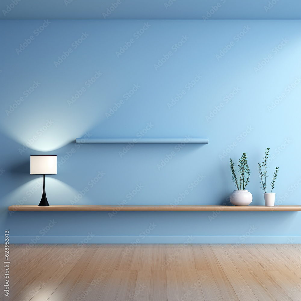 light blue walll with interior and built-in lighting, smooth floor ...