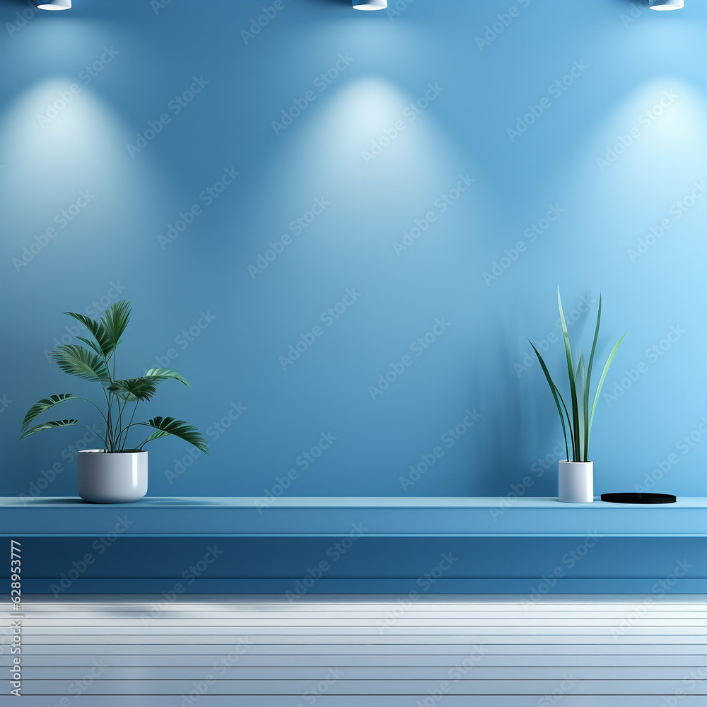 light blue walll with interior and built-in lighting, smooth floor ...