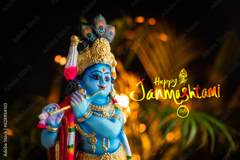 Janmashtami poster design, beautiful sculpture of Lord Krishna with ...