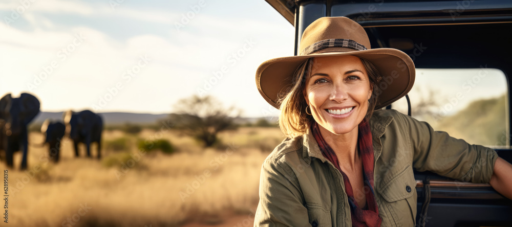 Woman with wearing adventurer outfit and hat on African safari ...
