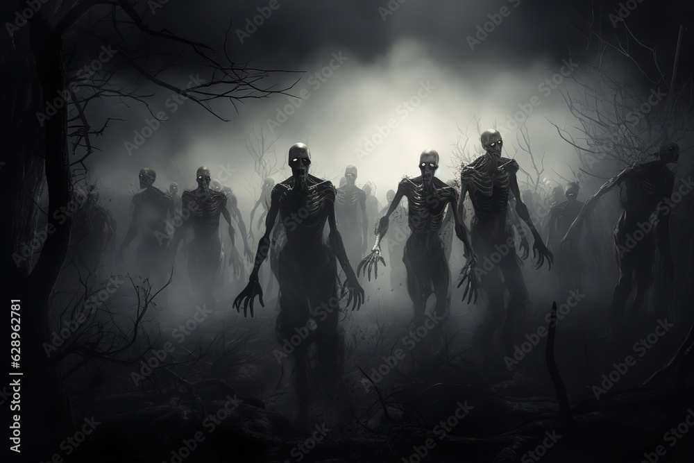 Zombies walking. Skeleton zombies walking on a foggy weather night ...