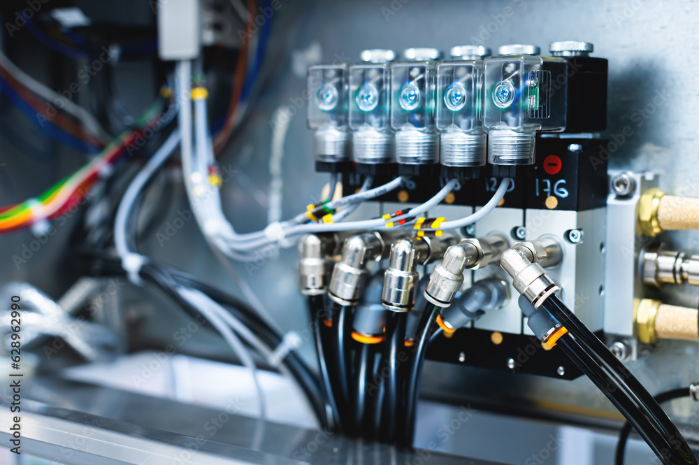 Pneumatic control board in production. Distributor of pneumatic control ...