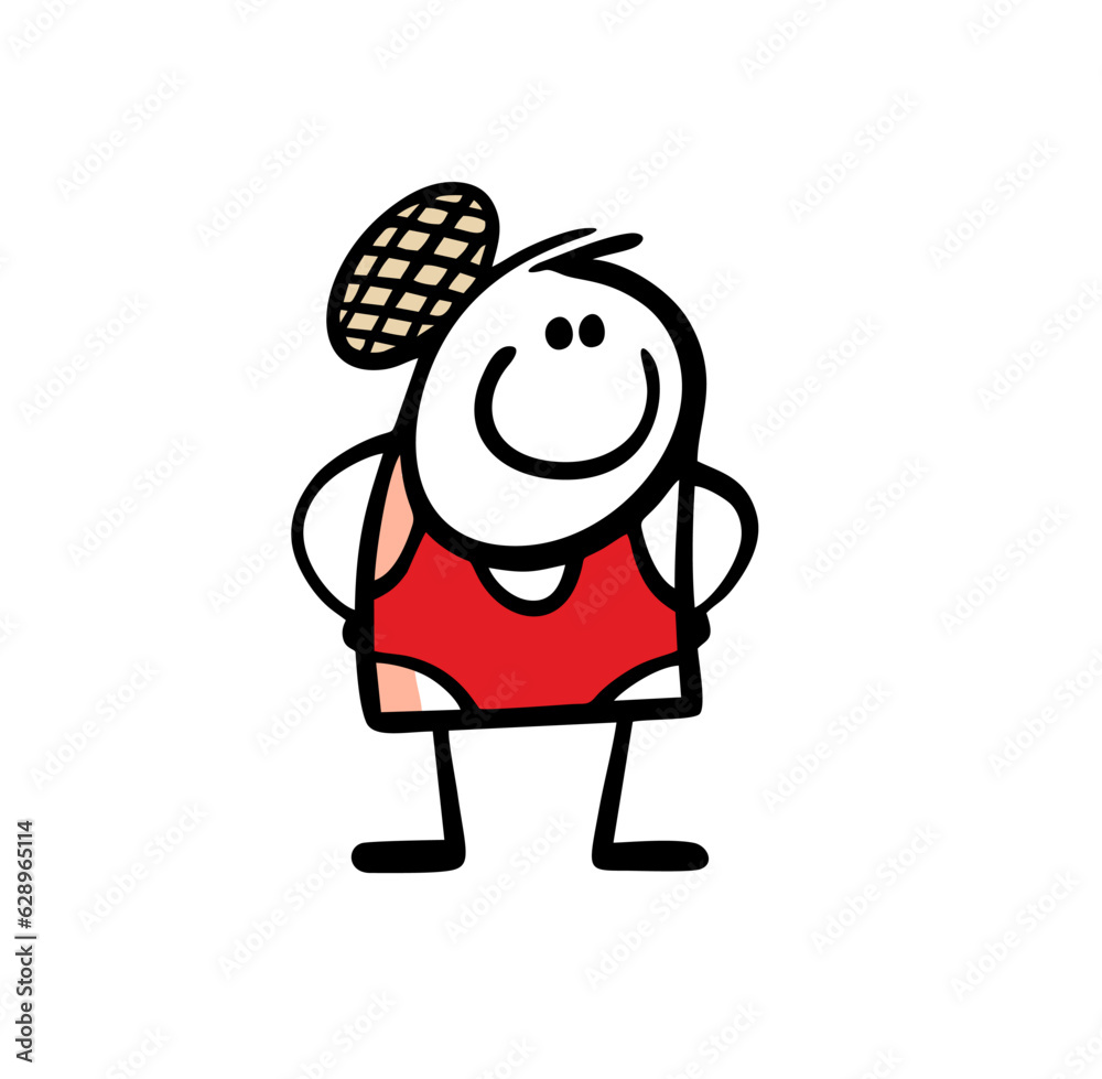 Beautiful stickman girl in a red swimsuit is standing in the pool ...