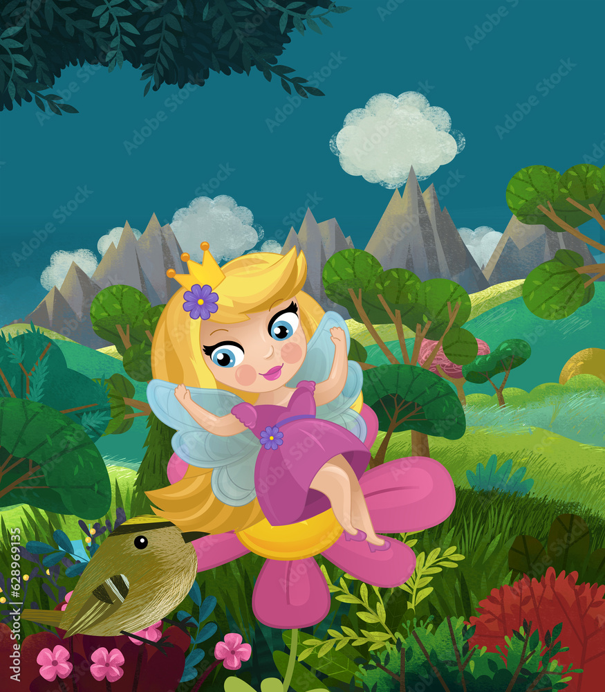 cartoon happy fairy tale scene with nature forest and funny elf Stock ...