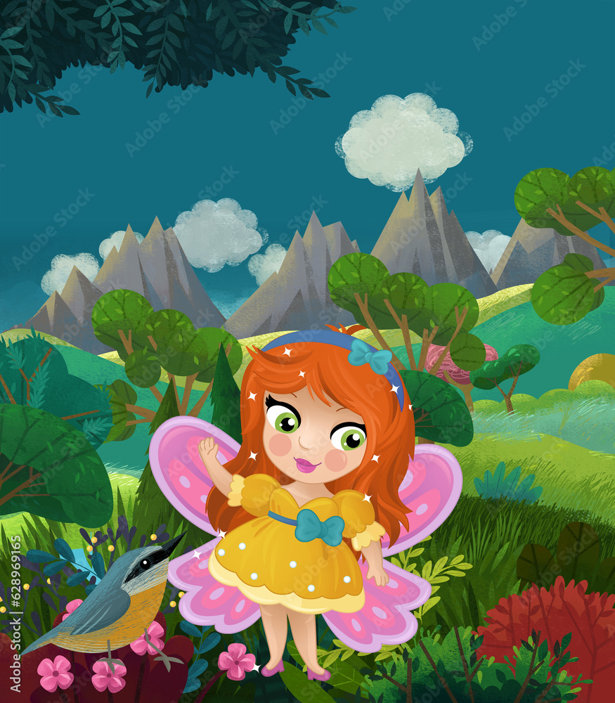 cartoon happy fairy tale scene with nature forest and funny elf Stock ...