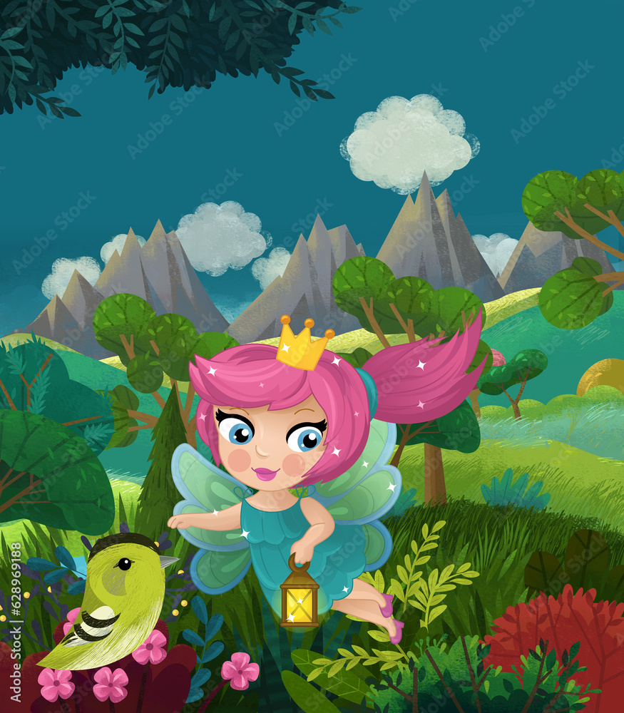 cartoon happy fairy tale scene with nature forest and funny elf Stock ...