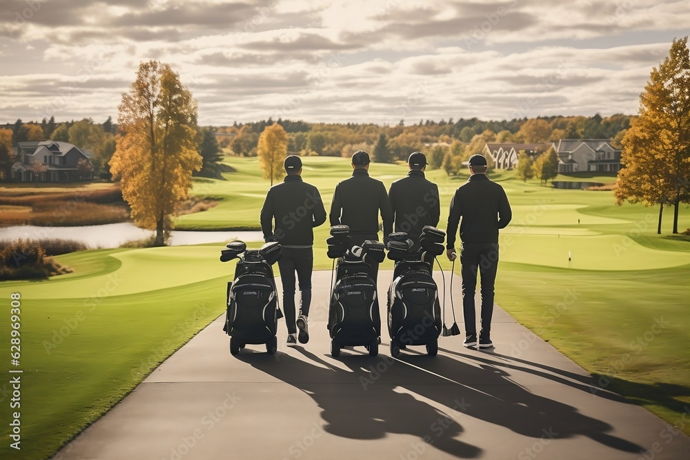 Diverse Golfers with Golf Clubs Walking on Golf Course (Rear View). AI Stock Photo | Adobe Stock