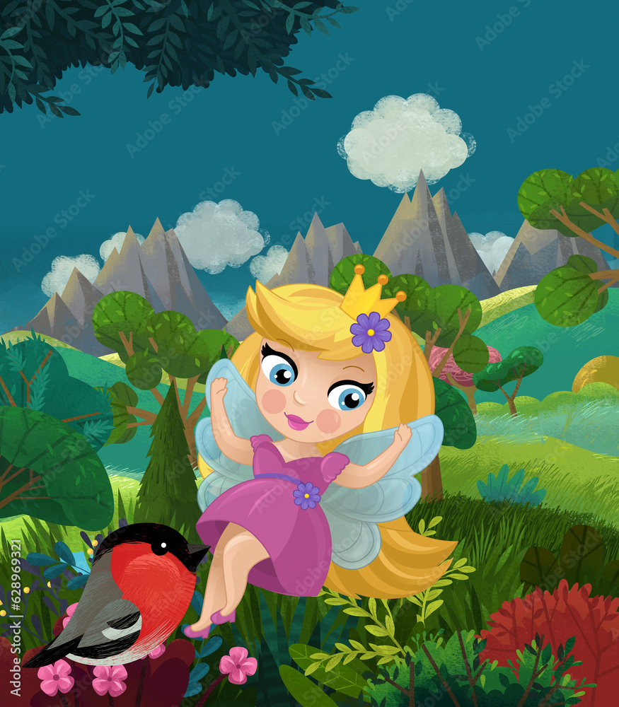 cartoon happy fairy tale scene with nature forest and funny elf Stock ...