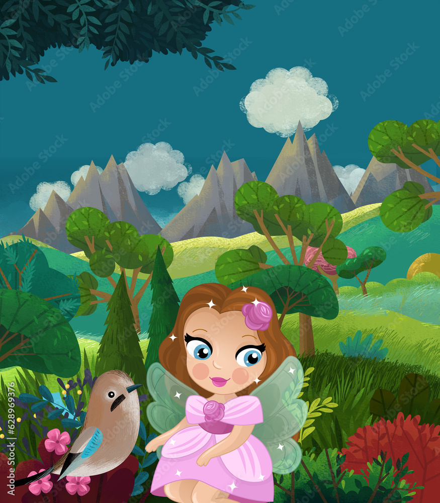 cartoon happy fairy tale scene with nature forest and funny elf Stock ...