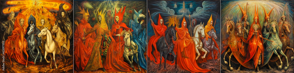 Depicts the four horsemen of the apocalypse in a mythological painting ...