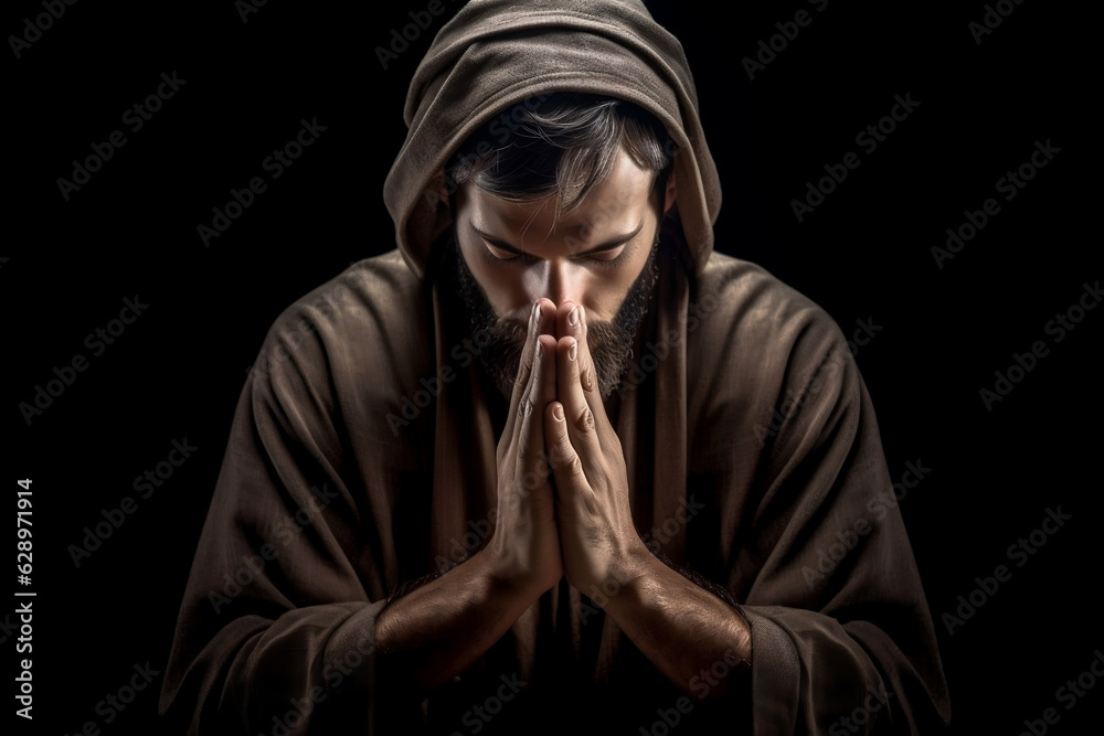 Man praying hands with faith in religion and belief in God on dark ...