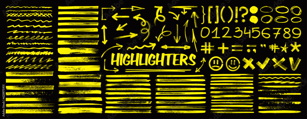 Highlighters markers in hand-drawn style. Numbers, underline, round ...