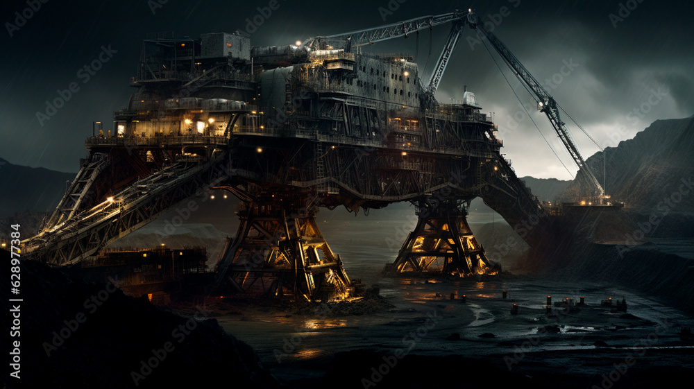 ancient building in the middle of a mine with an iron bridge ...