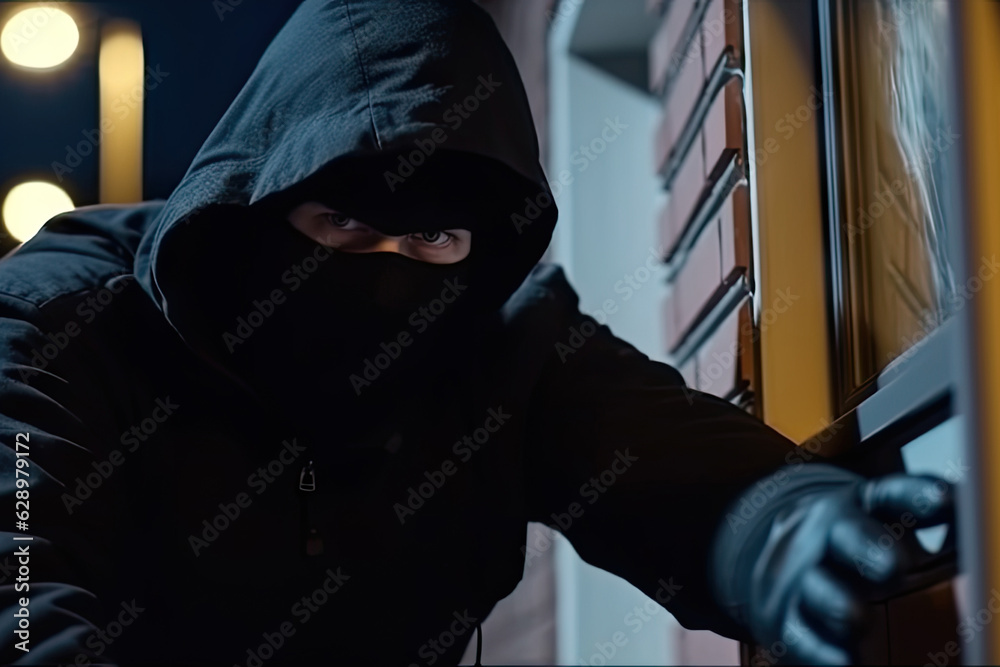 Thief in black clothes, baclava and leather gloves breaking into a ...