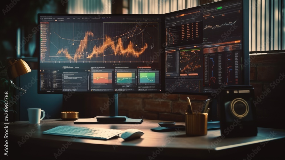 The side view of a multi computer screen displaying multiple financial ...