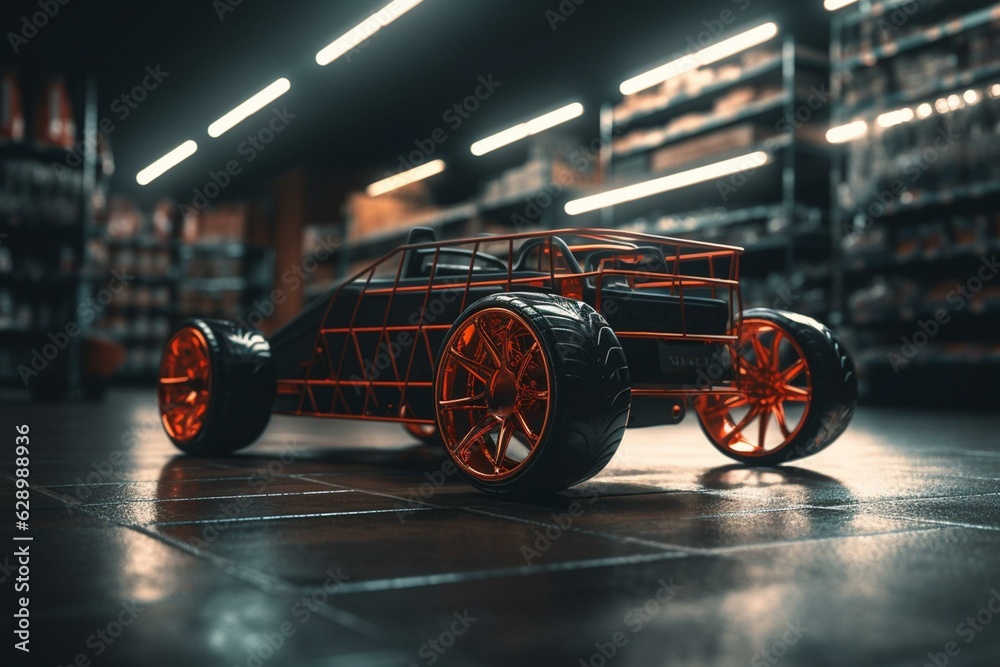 Modified shopping cart with custom sports wheels and rear spoiler ...